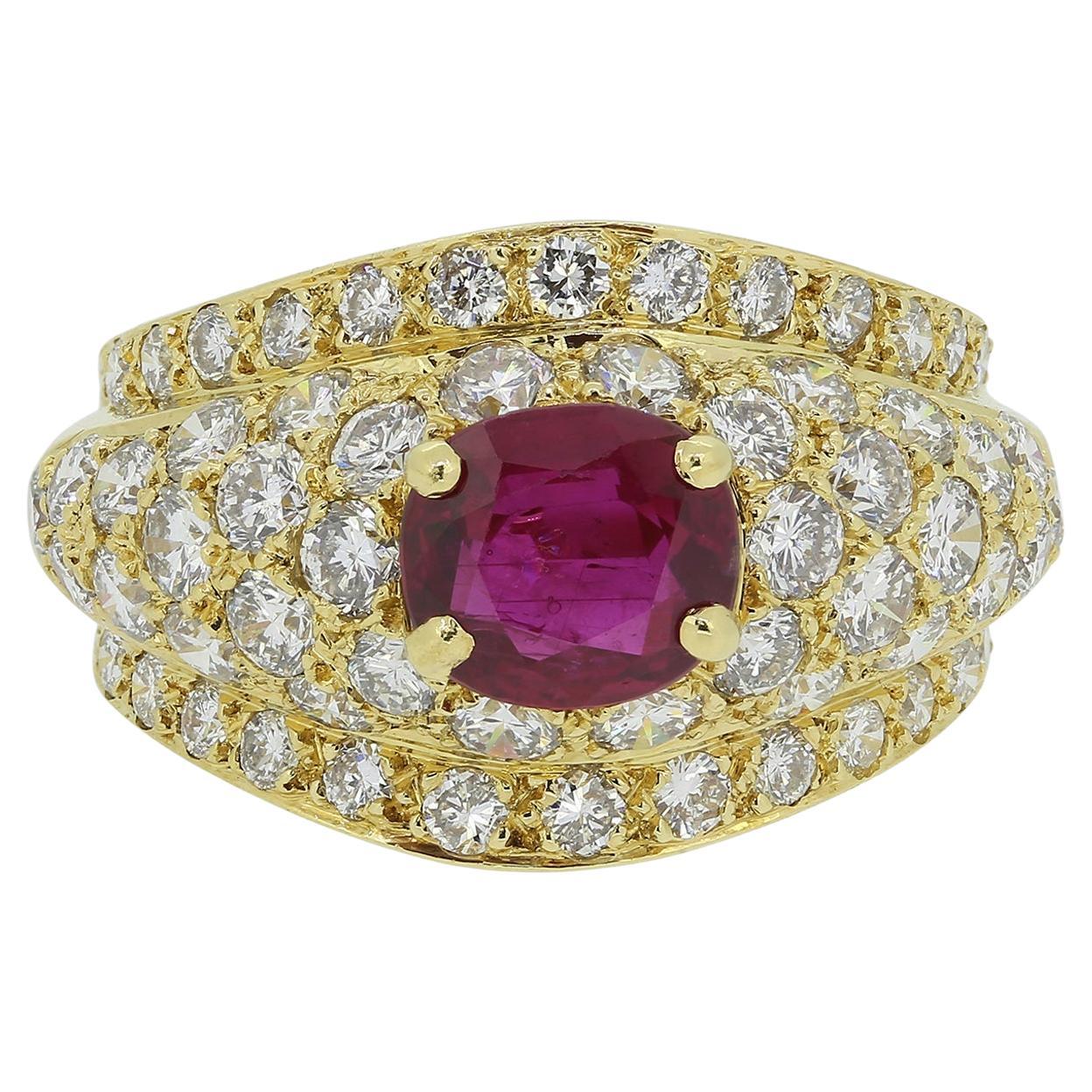 Vintage Burmese Ruby and Diamond Cluster Ring For Sale at 1stDibs