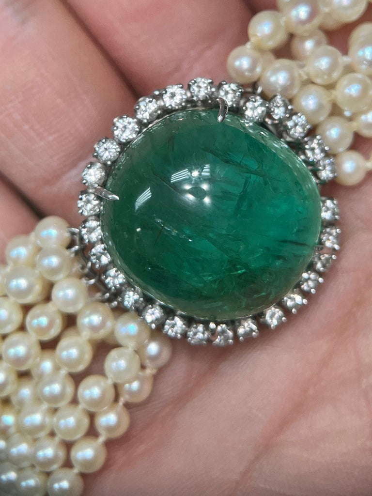 Vintage Cabochon Cut Emerald Center and Pearl Multi Strand Necklace in ...