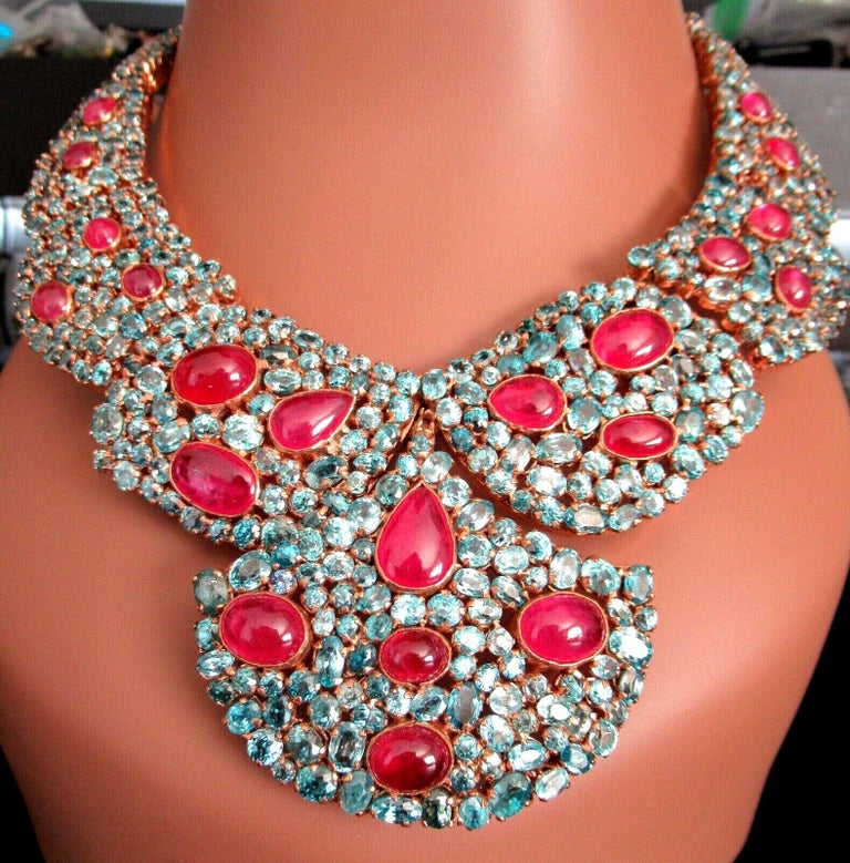 Vintage Cabochon Ruby and Blue Topaz Sterling Silver Statement Necklace ...