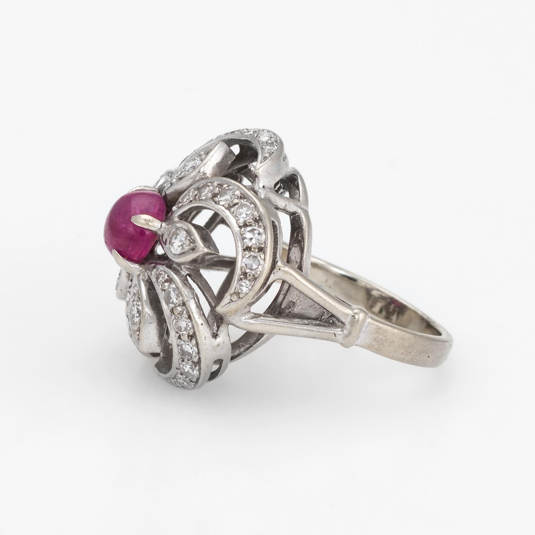 Vintage Cabochon Ruby Diamond Ring 14 Karat White Gold Round Cocktail Estate at 1stDibs