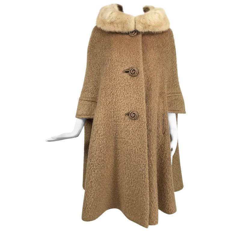 Vintage Camel Tan Mohair Cape Coat with Mink Collar 1960s at 1stDibs