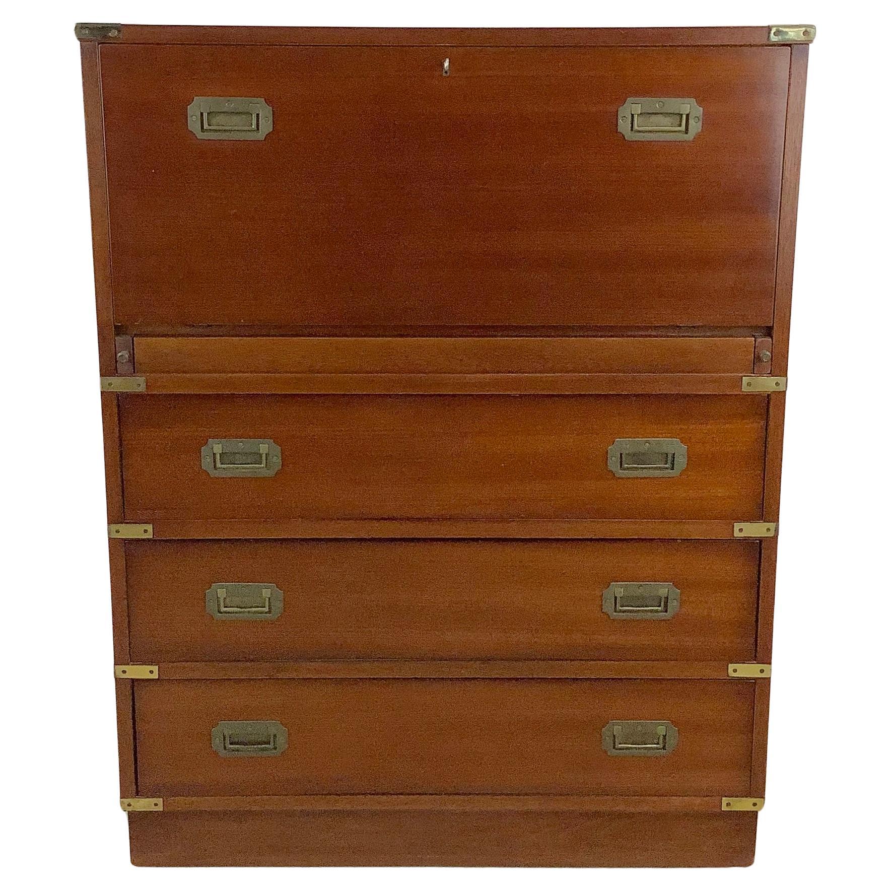 Vintage Campaign Style Chest With Secretaire Desk For Sale at 1stDibs