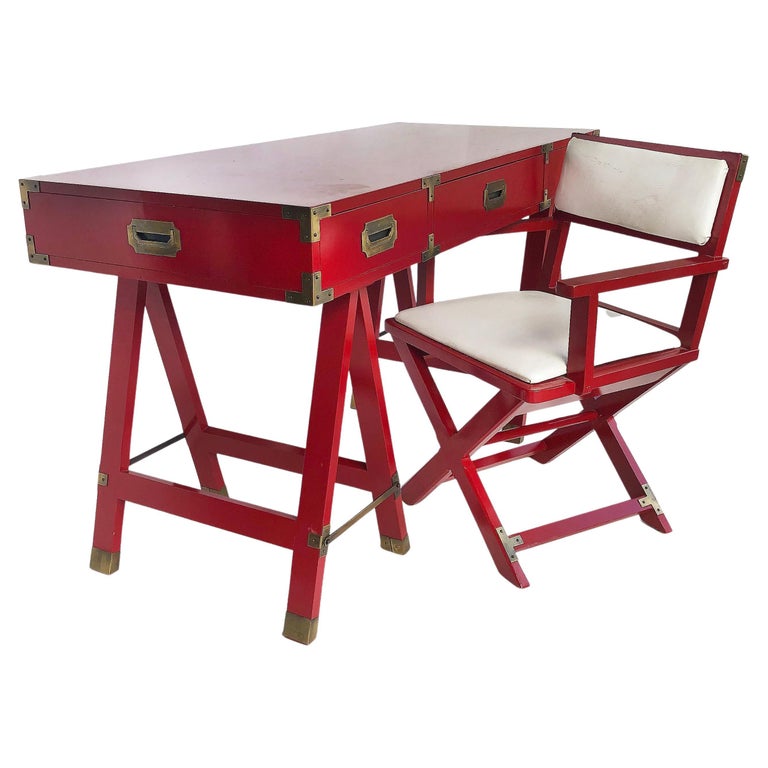 Vintage Campaign-Style Desk / Chair with Brass Trim and Hardware in Red ...