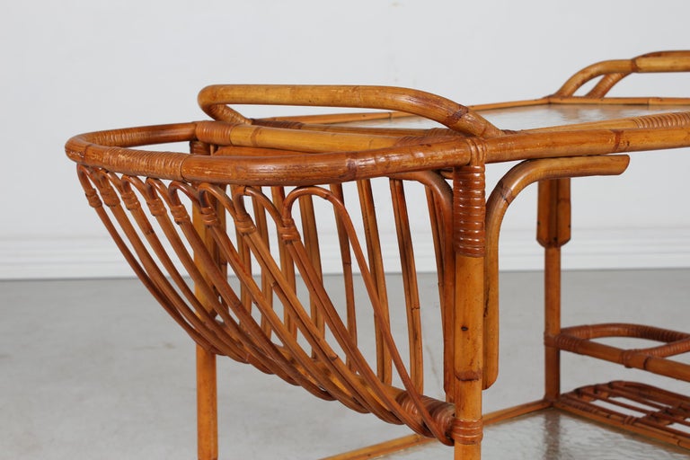 Vintage Cane Serving Trolley / Cart on Wheels with Frosted Glass ...