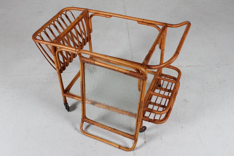 Vintage Cane Serving Trolley / Cart on Wheels with Frosted Glass ...