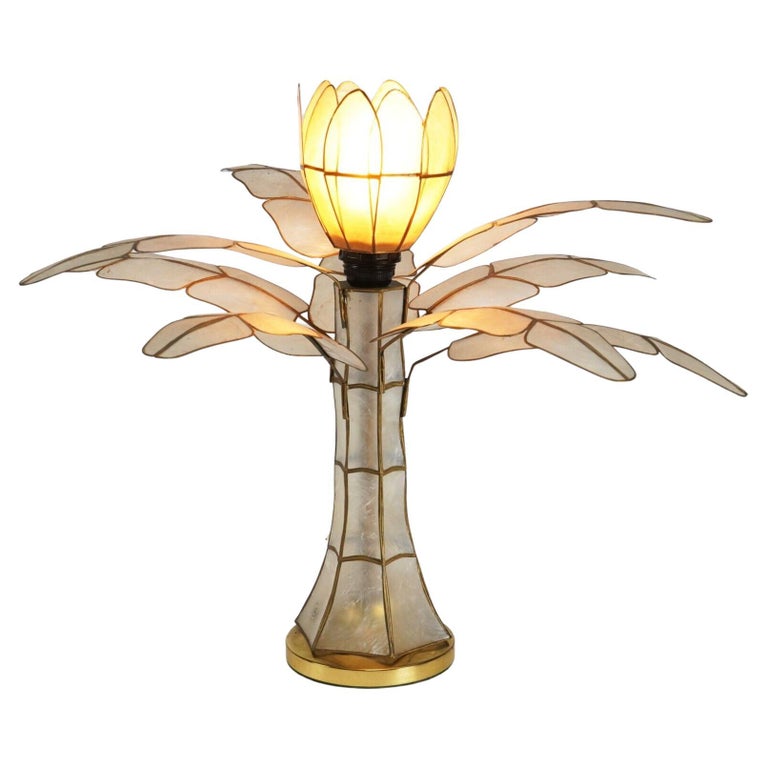 Vintage Capiz Shell Flower Palm Tree Table Lamp For Sale at 1stDibs