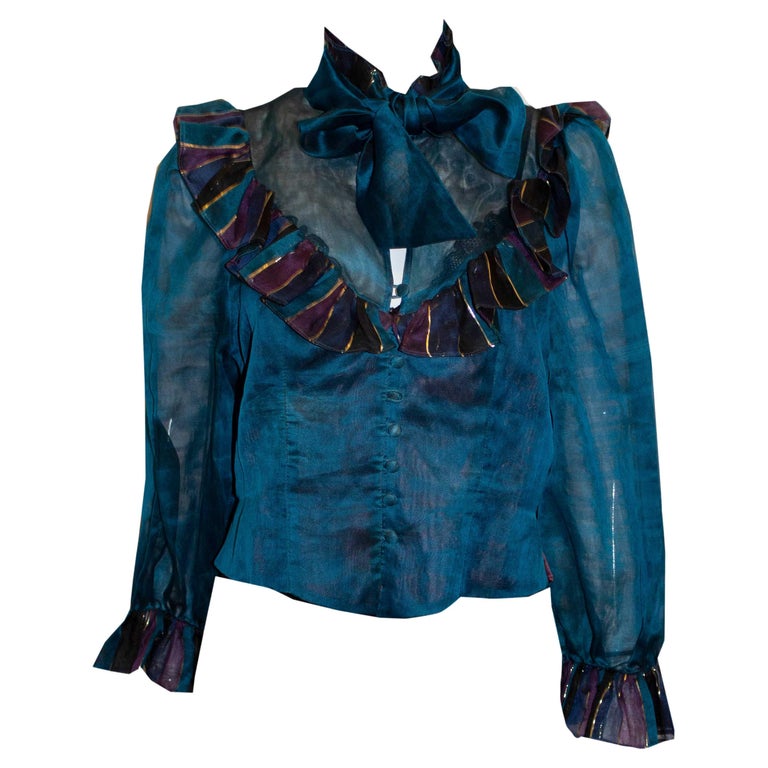 Vintage Caroline Charles Silk Ruffle Blouse For Sale at 1stDibs