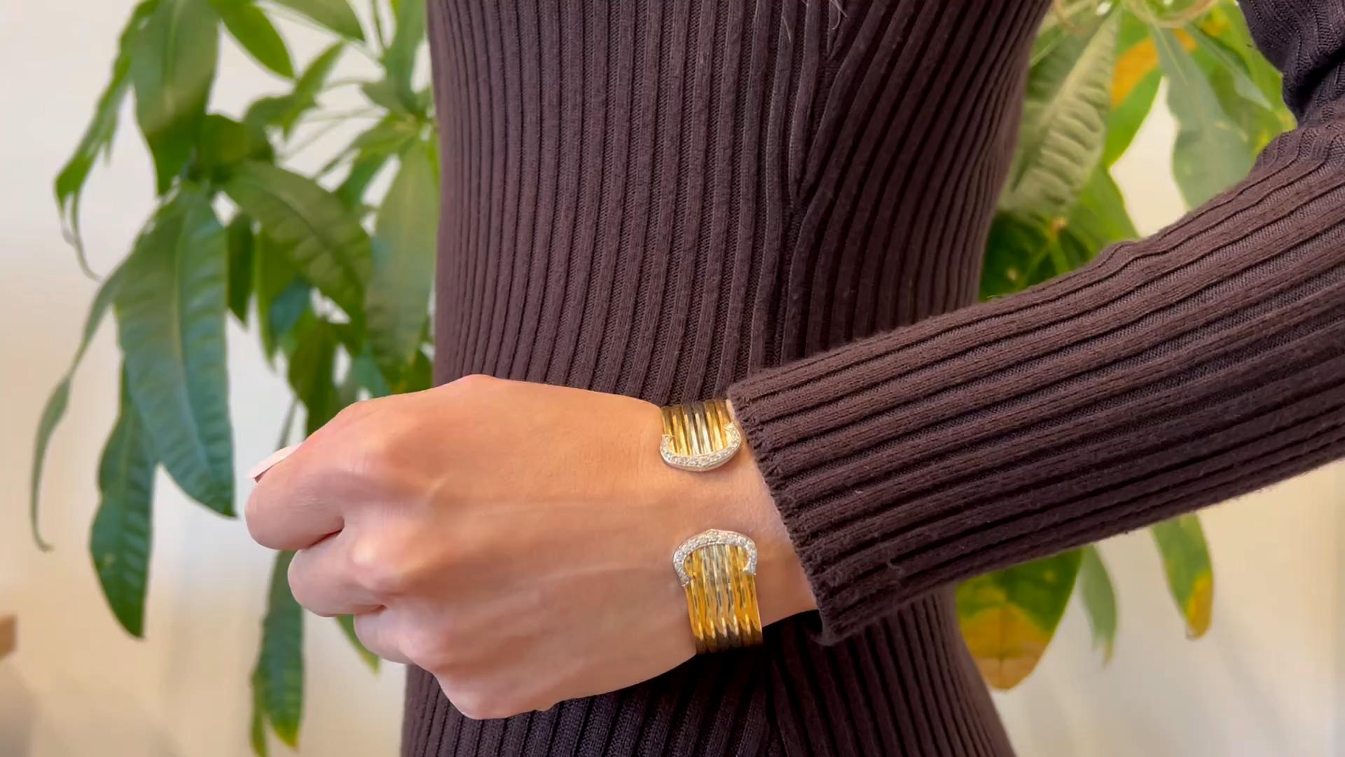 Vintage Cartier 18 Karat Tricolor Gold Diamond Double "C" Trinity Cuff For Sale at 1stDibs