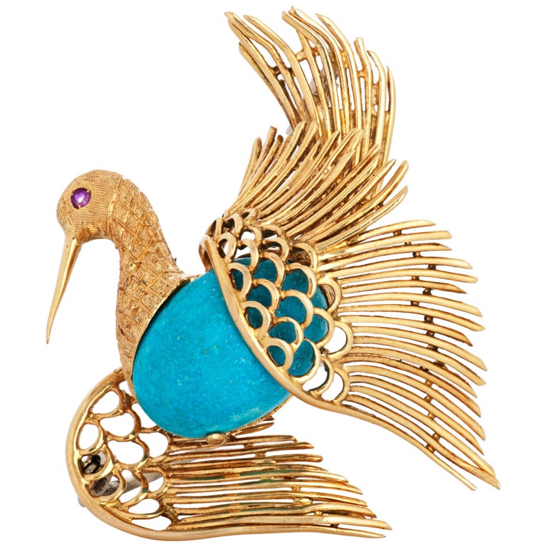 Vintage Cartier 18 Karat Yellow Gold Turquoise and Ruby Swan or Bird ...