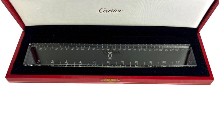 Vintage Cartier Crystal Logo Ruler Etched Paper Weight with Box at 1stDibs