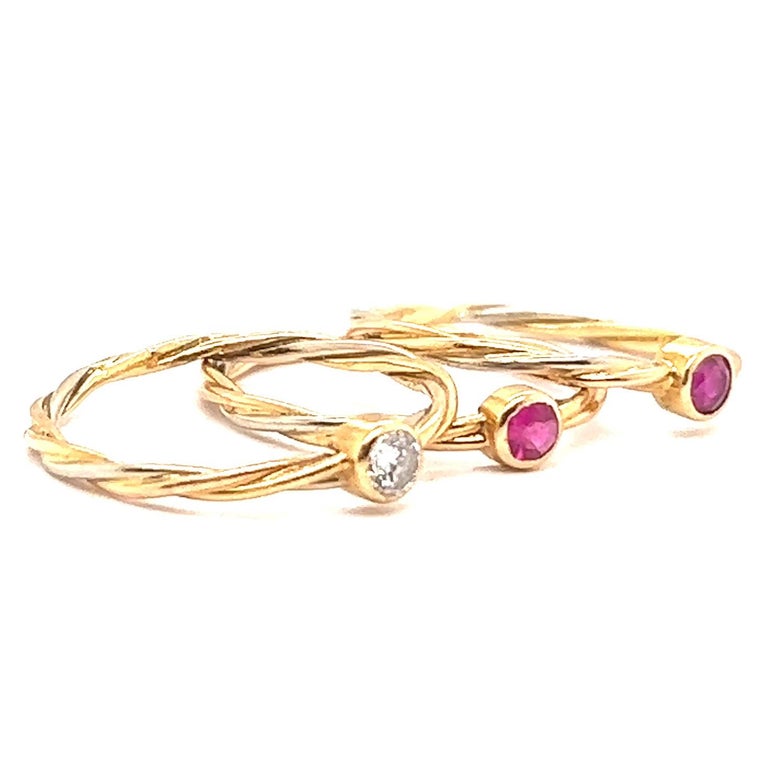 Vintage Cartier Diamond Ruby 18 Karat Yellow Gold Twisted Stacking Ring ...
