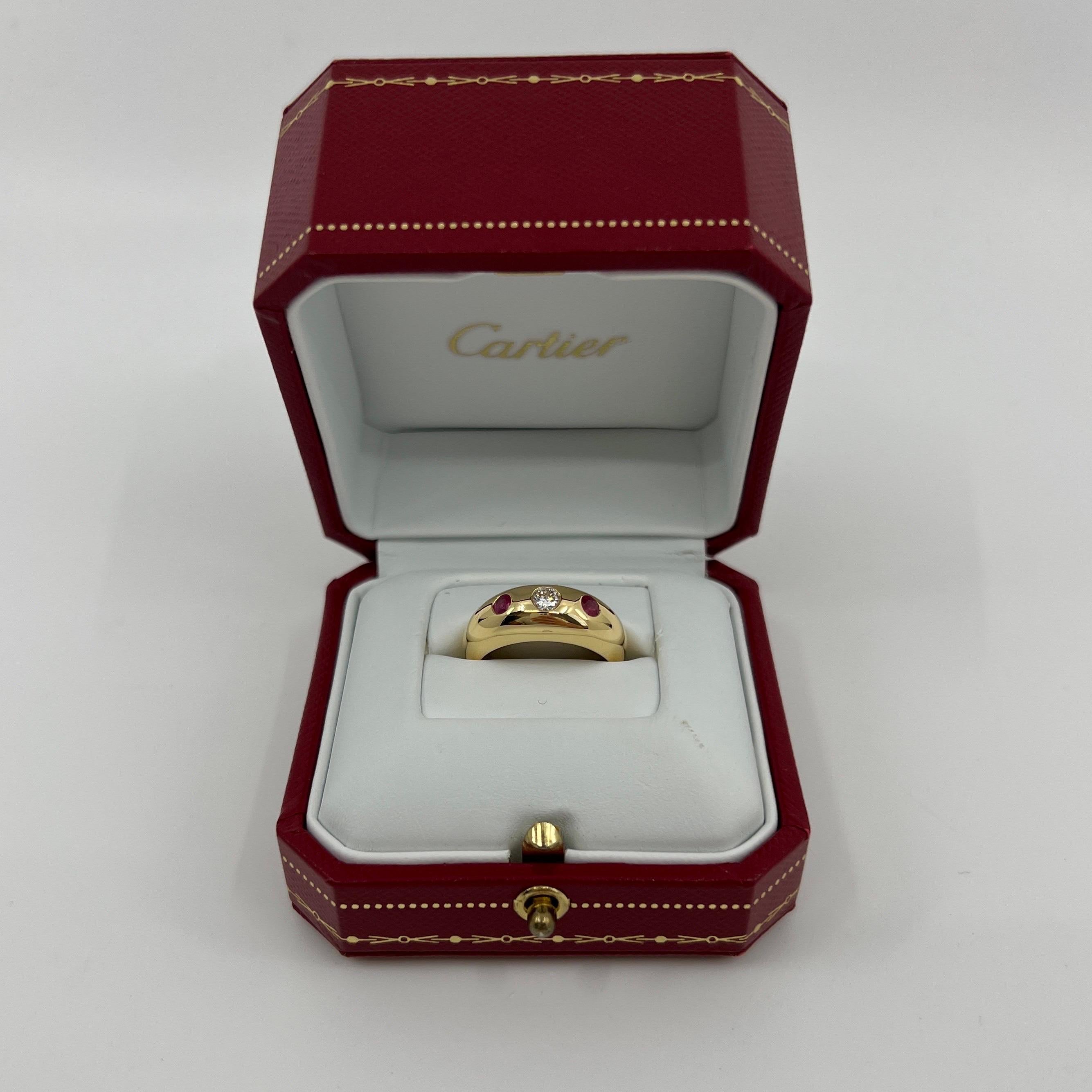 Vintage Cartier Diamond and Ruby Daphne 18k Yellow Gold Three Stone Gypsy Ring For Sale at 1stDibs