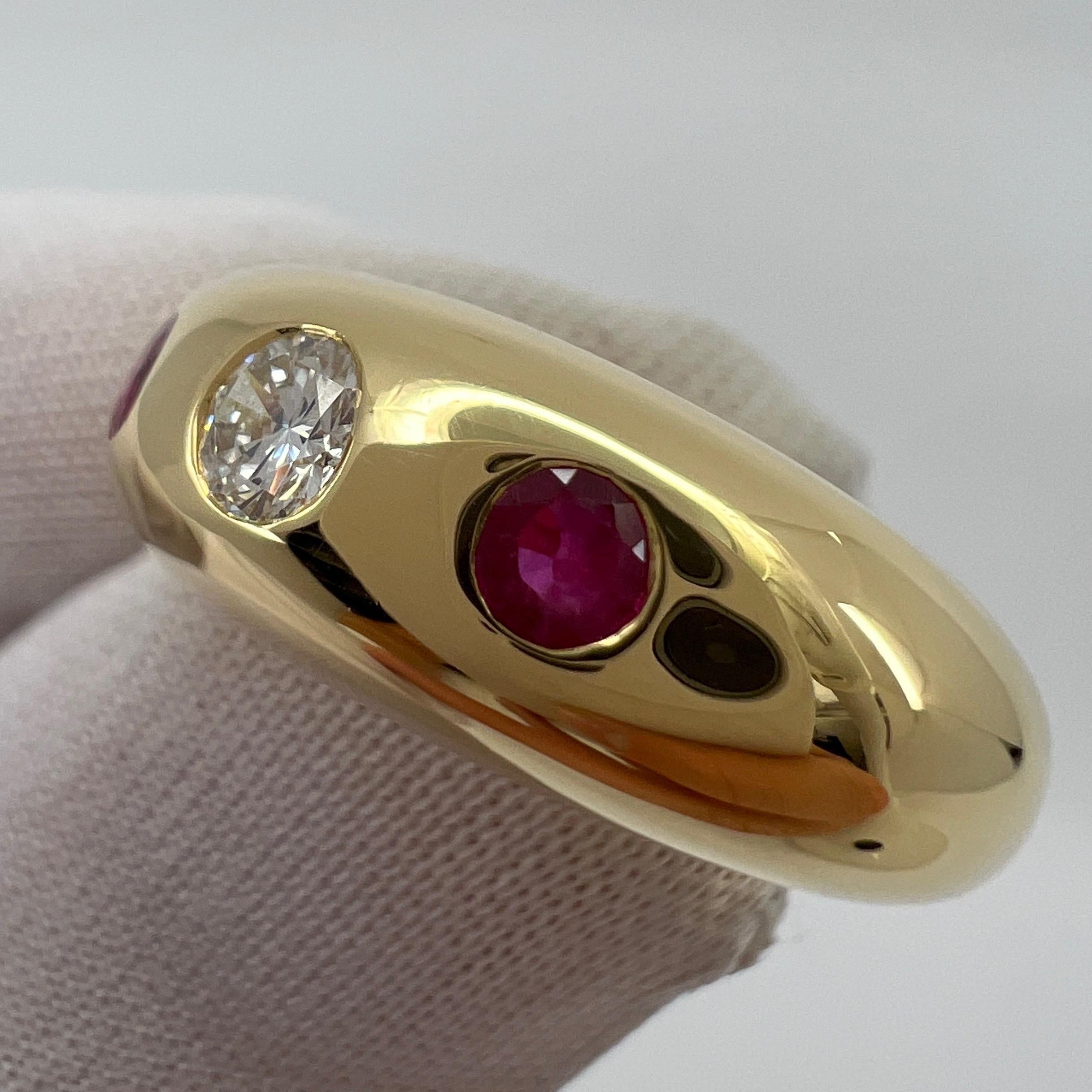 Vintage Cartier Diamond and Ruby Daphne 18k Yellow Gold Three Stone Gypsy Ring For Sale at 1stDibs