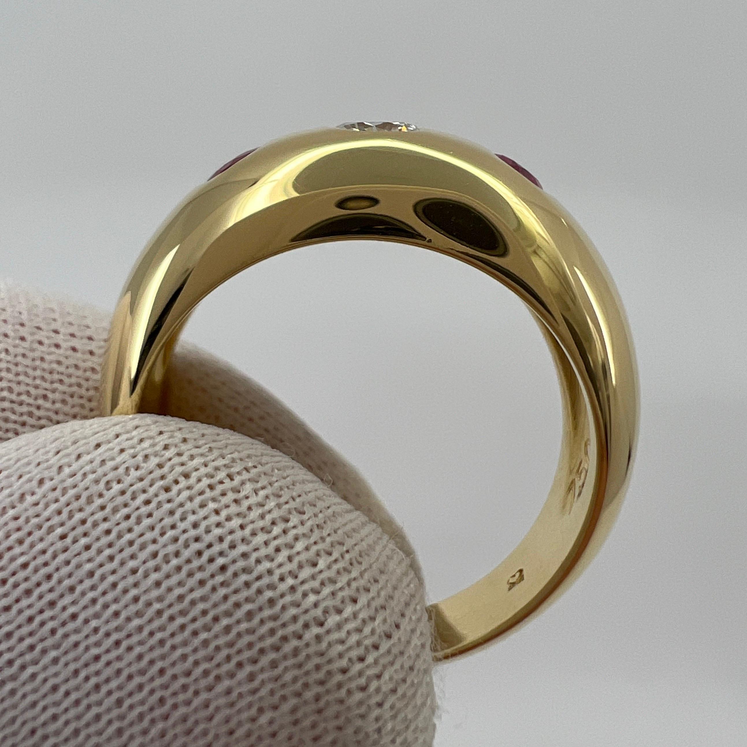 Vintage Cartier Diamond and Ruby Daphne 18k Yellow Gold Three Stone Gypsy Ring For Sale at 1stDibs