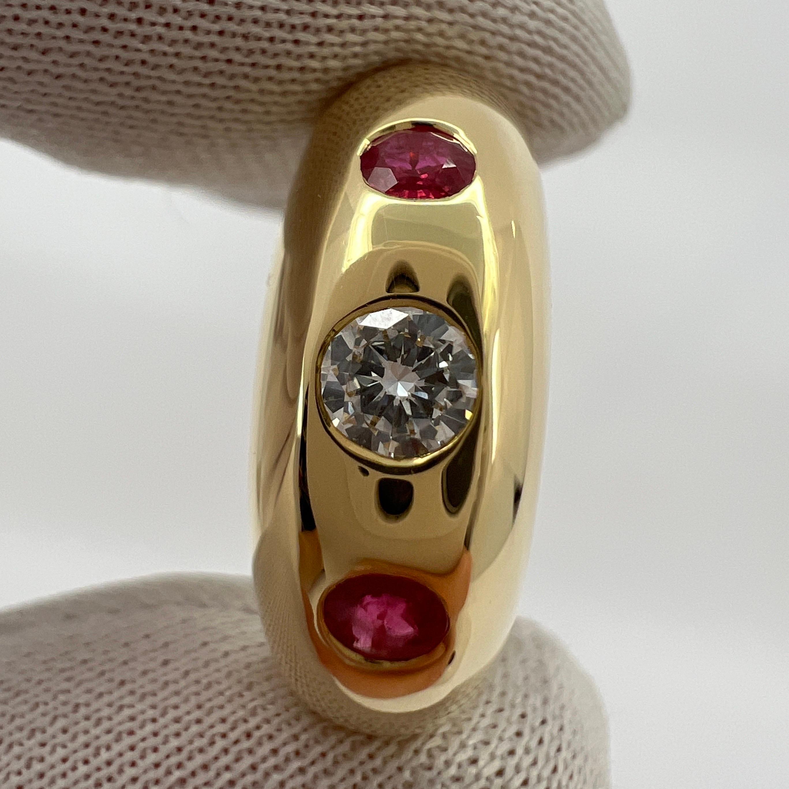 Vintage Cartier Diamond and Ruby Daphne 18k Yellow Gold Three Stone Gypsy Ring For Sale at 1stDibs