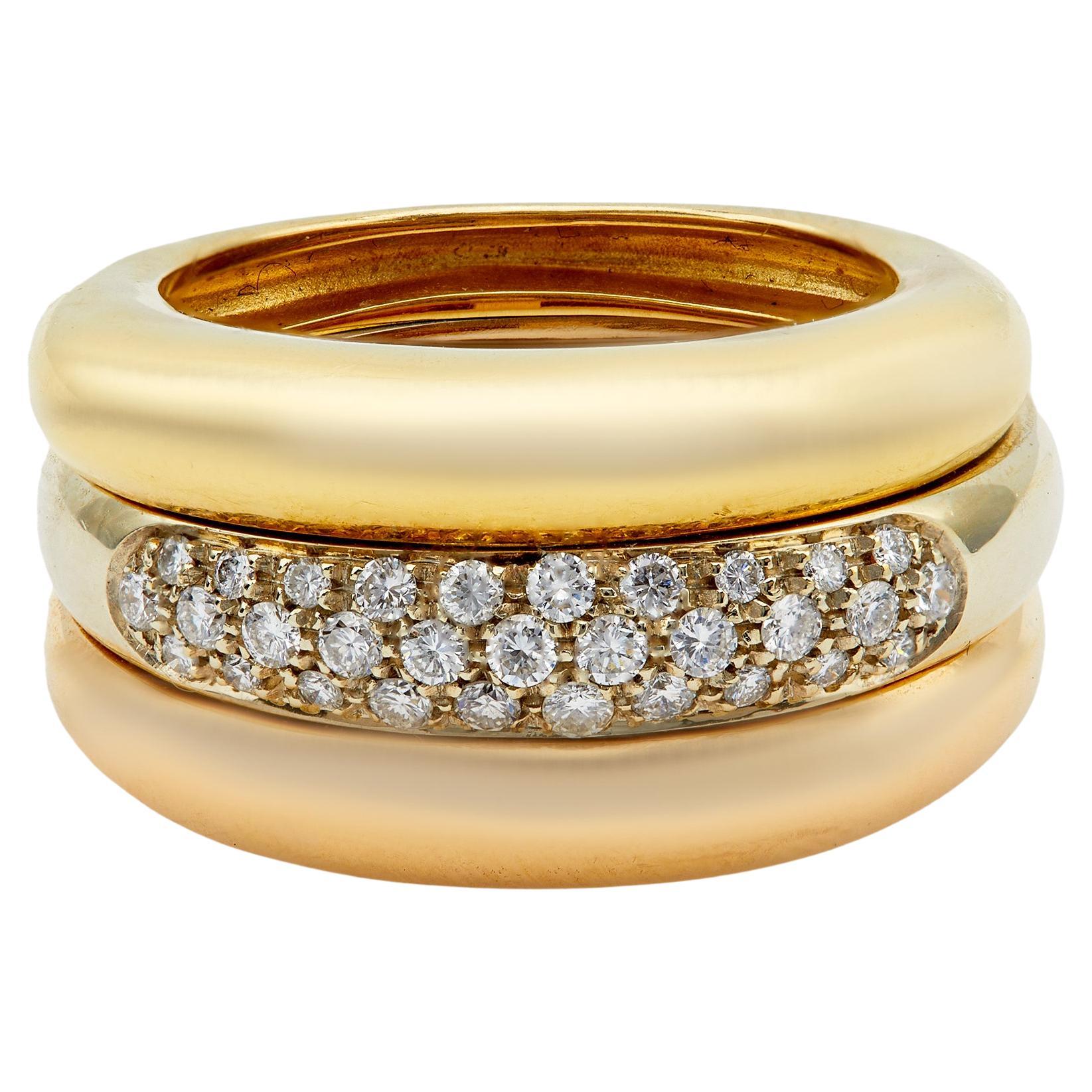 Vintage Cartier Diamond Tri Gold Stacked Ring For Sale at 1stDibs