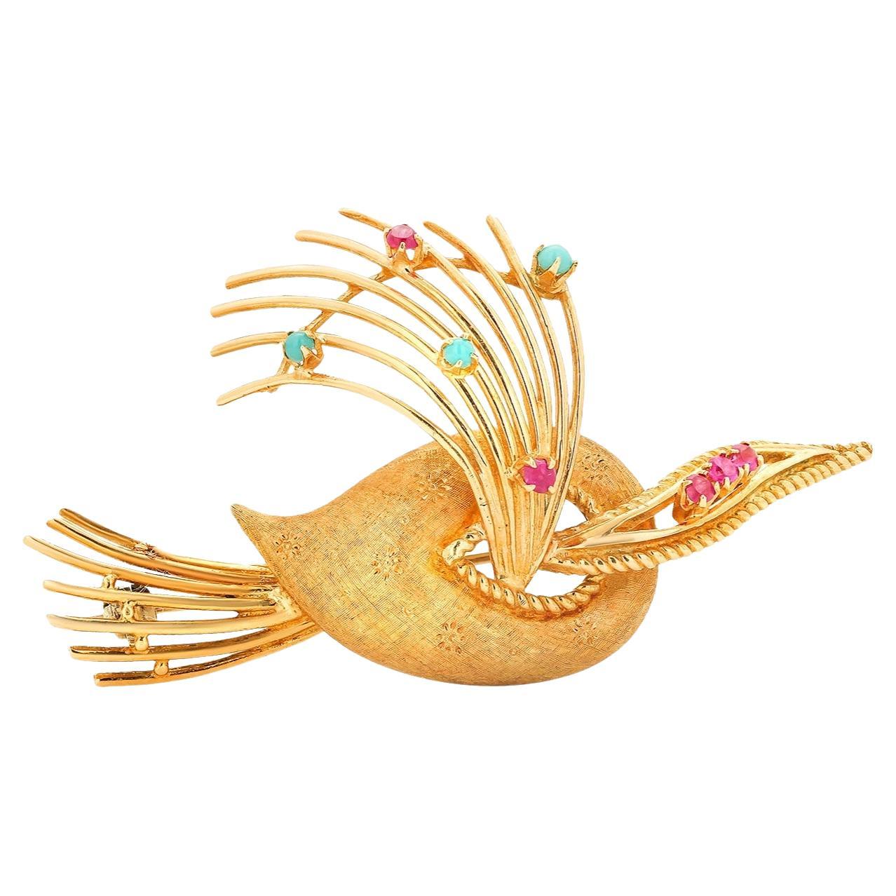 Vintage Cartier 18 Karat Yellow Gold Turquoise and Ruby Swan or Bird ...