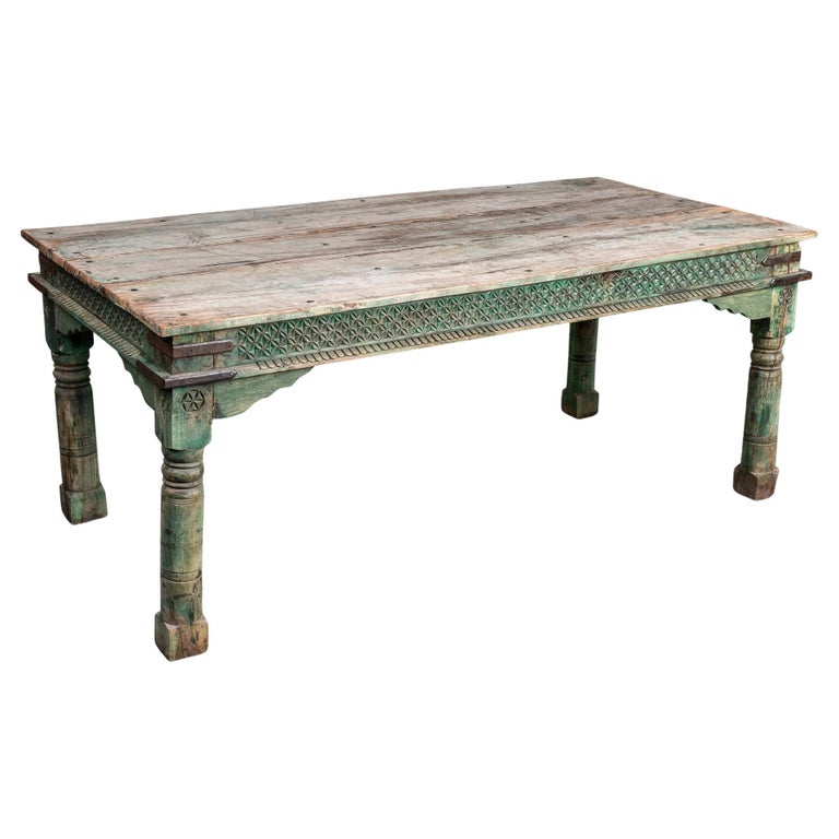 Vintage Carved and Painted Rustic Dining Table For Sale at 1stDibs