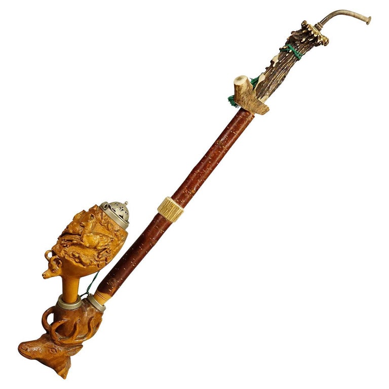 Vintage Carved Black Forest Tobacco Pipe with Stag and Chamois For Sale ...