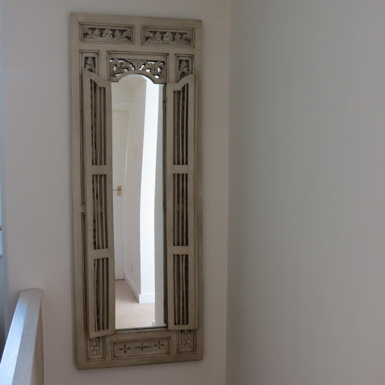 Vintage Carved Cream Painted Shuttered Tall Mirror For Sale at 1stDibs