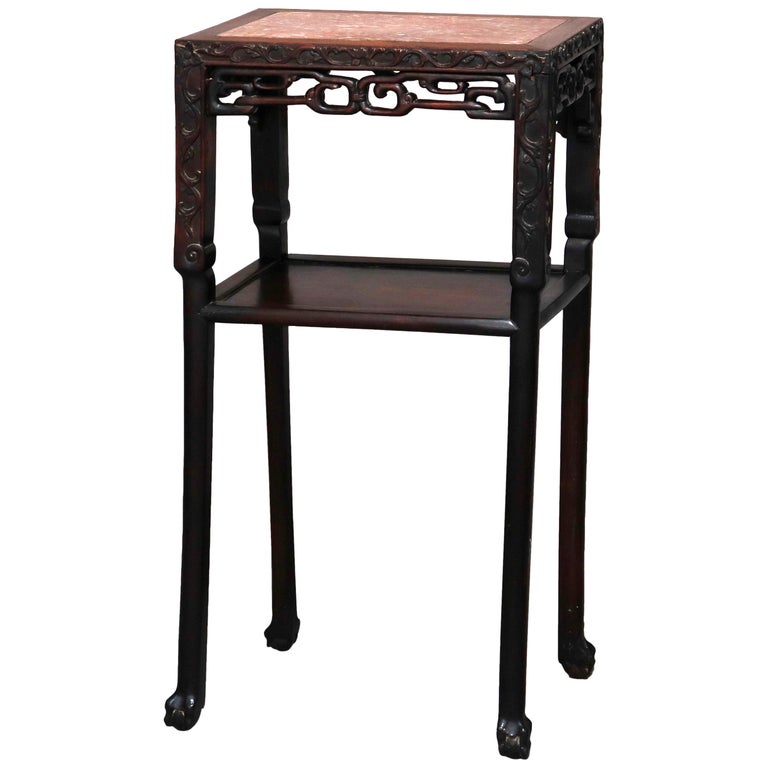 Vintage Carved Hardwood and Inset Marble Chinese Plant Stand, 20th ...
