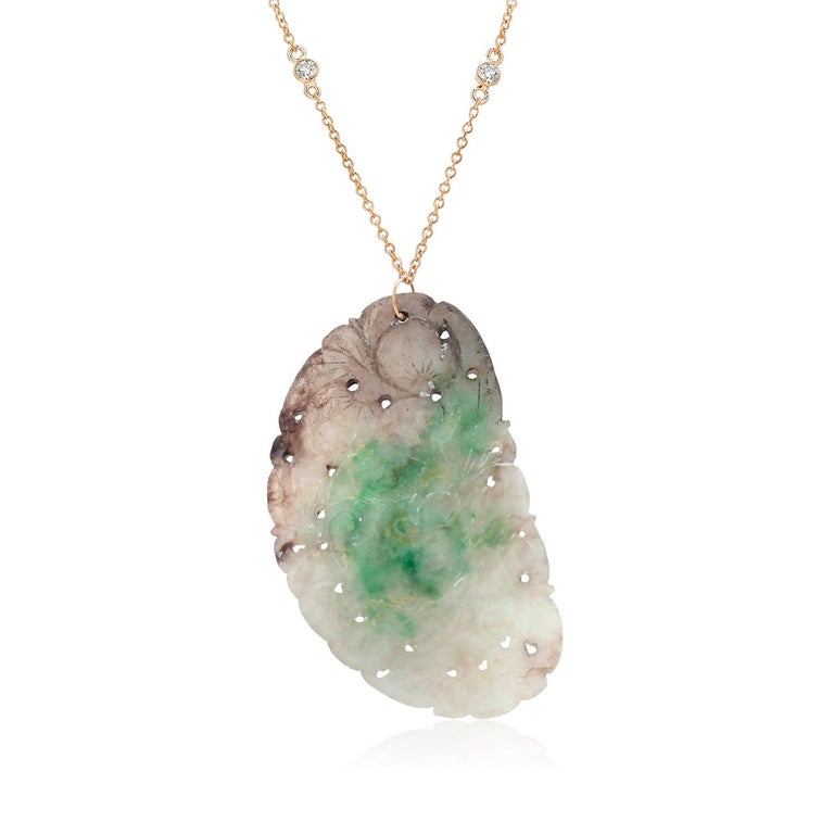 Vintage Carved Jade Button Pendant Necklace with Diamond Stations White ...