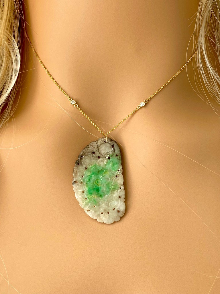 Vintage Carved Jade Button Pendant Necklace with Diamond Stations White ...