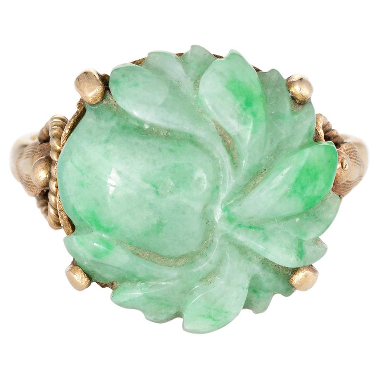 Vintage Carved Jade Flower Ring 14 Karat Gold Round Cocktail Jewelry ...