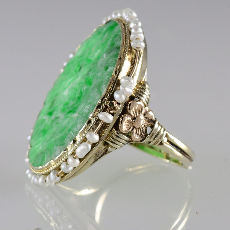 Vintage Carved Jadeite Ring Encircled with Seed Pearls 14 Karat Yellow ...