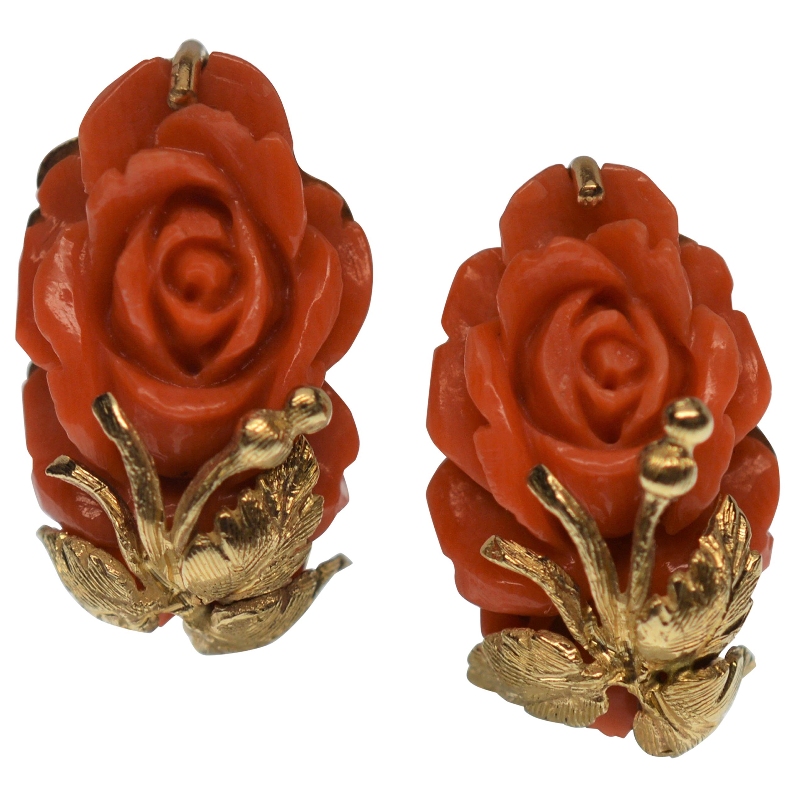 Vintage Carved Natural Coral Rose Yellow Gold Earrings at 1stDibs ...