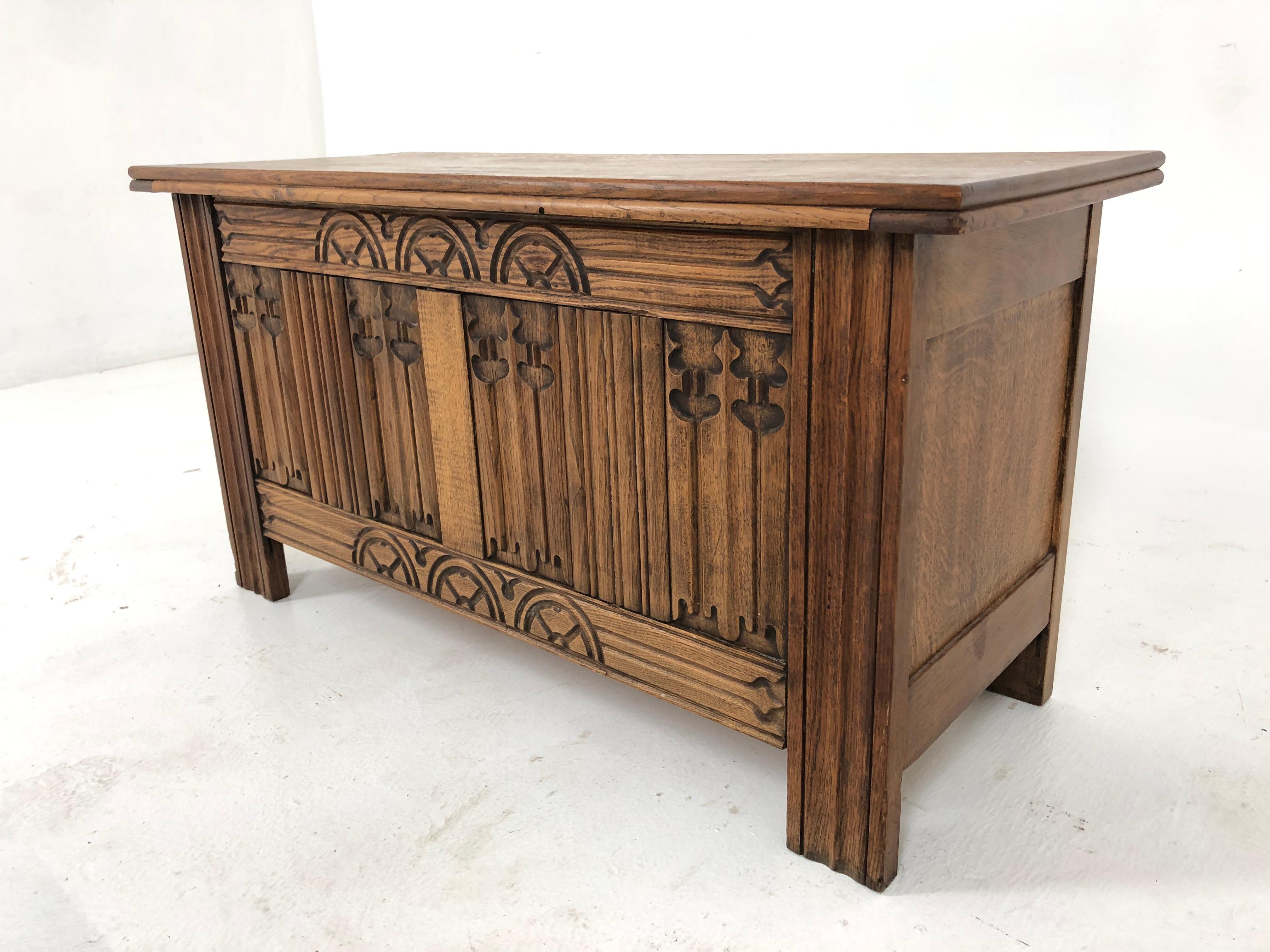 Vintage Carved Oak Linen Fold Blanket Box, Table, Trunk, Scotland 1930 ...