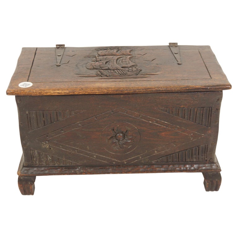 Vintage Carved Oak Trunk, Coffer, Coffee Table Nautical, Scotland 1920 ...