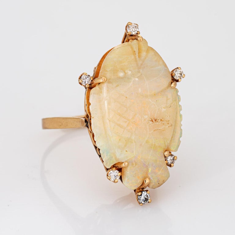 Vintage Carved Opal Fish Ring Diamond 14k Yellow Gold Estate Fine ...