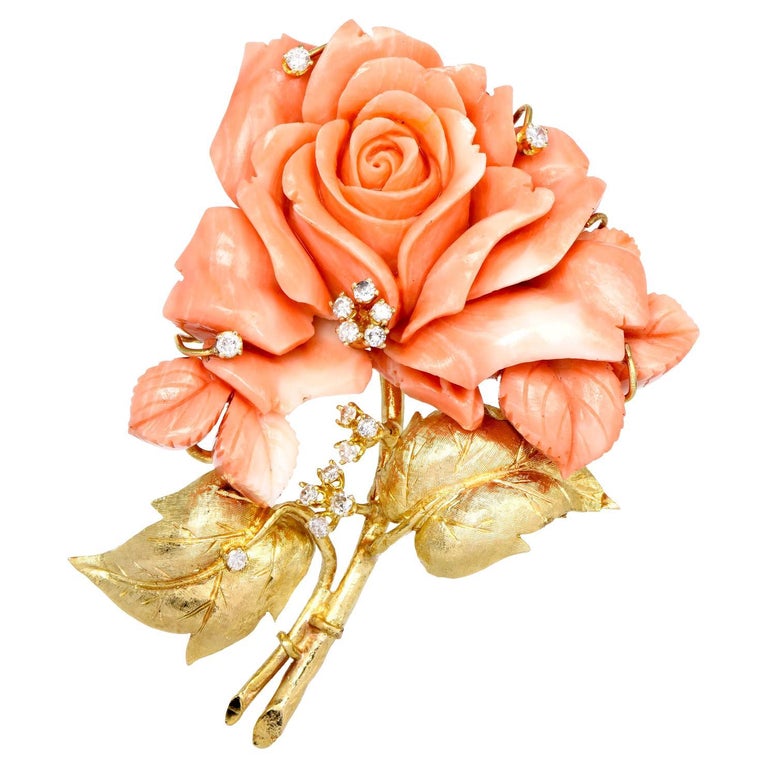 Vintage Carved Pink Coral Diamond Gold Flower Rose Brooch Pin at 1stDibs