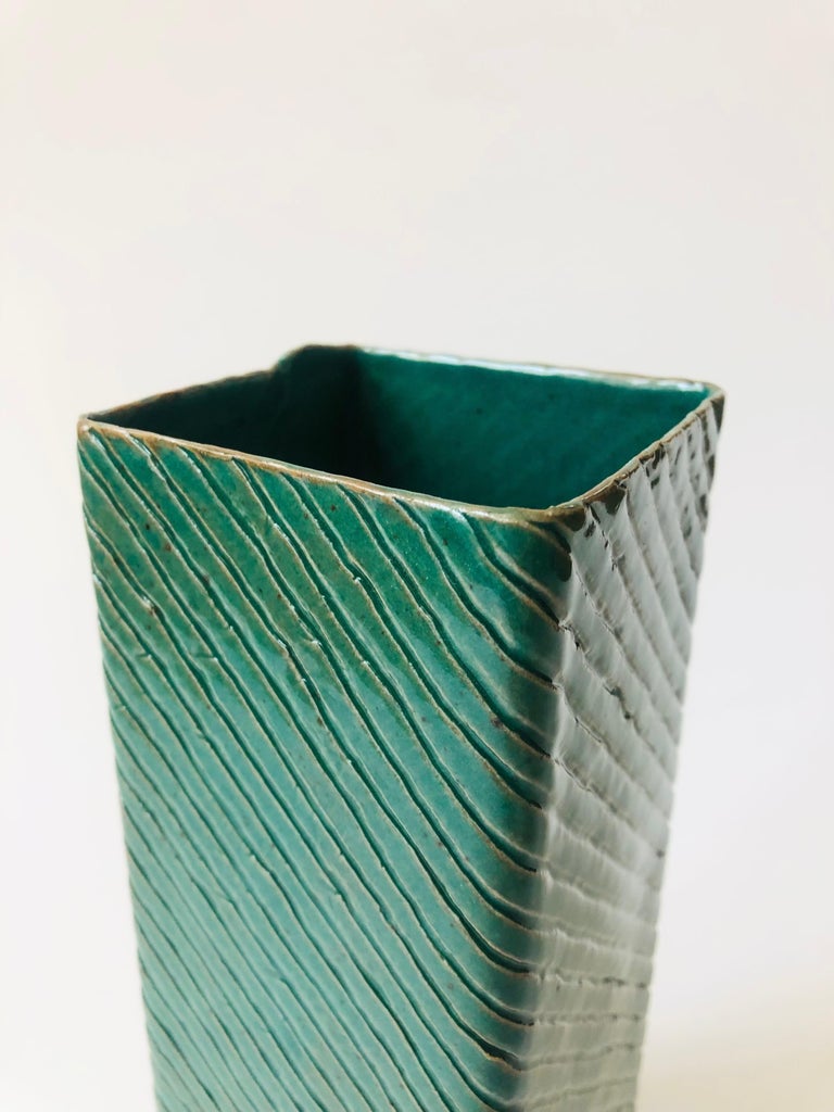 Vintage Carved Rectangular Green Studio Pottery Vase For Sale at 1stDibs