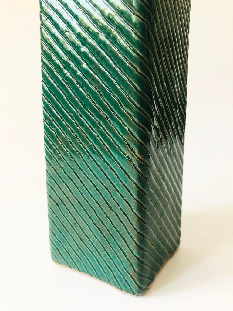 Vintage Carved Rectangular Green Studio Pottery Vase For Sale at 1stDibs