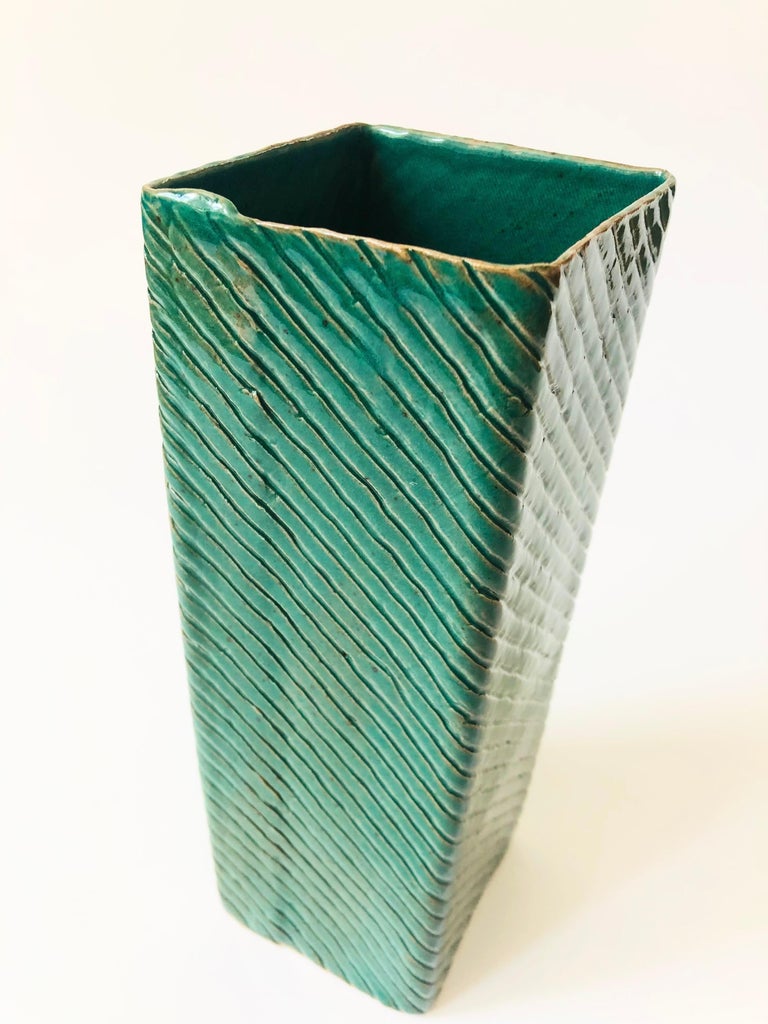 Vintage Carved Rectangular Green Studio Pottery Vase For Sale at 1stDibs