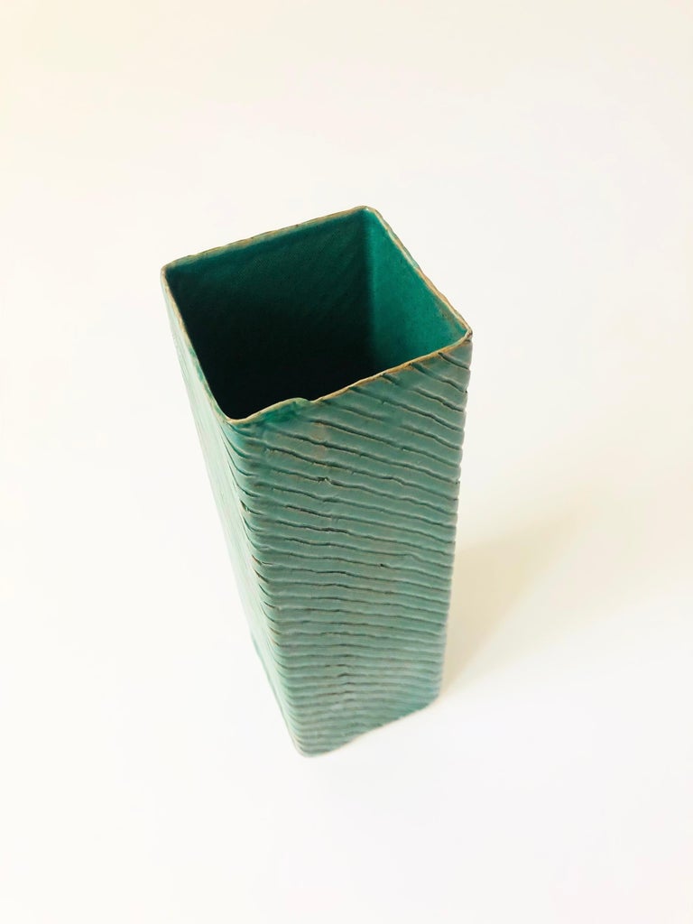 Vintage Carved Rectangular Green Studio Pottery Vase For Sale at 1stDibs