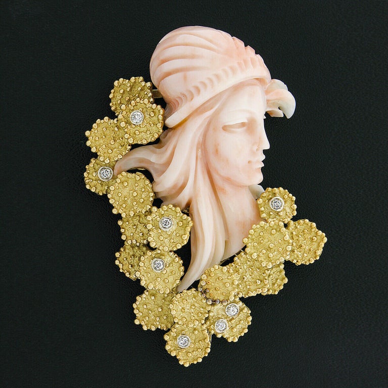 Vintage Carved Woman Angel Skin Coral .24ct Diamond 18K Gold Textured ...