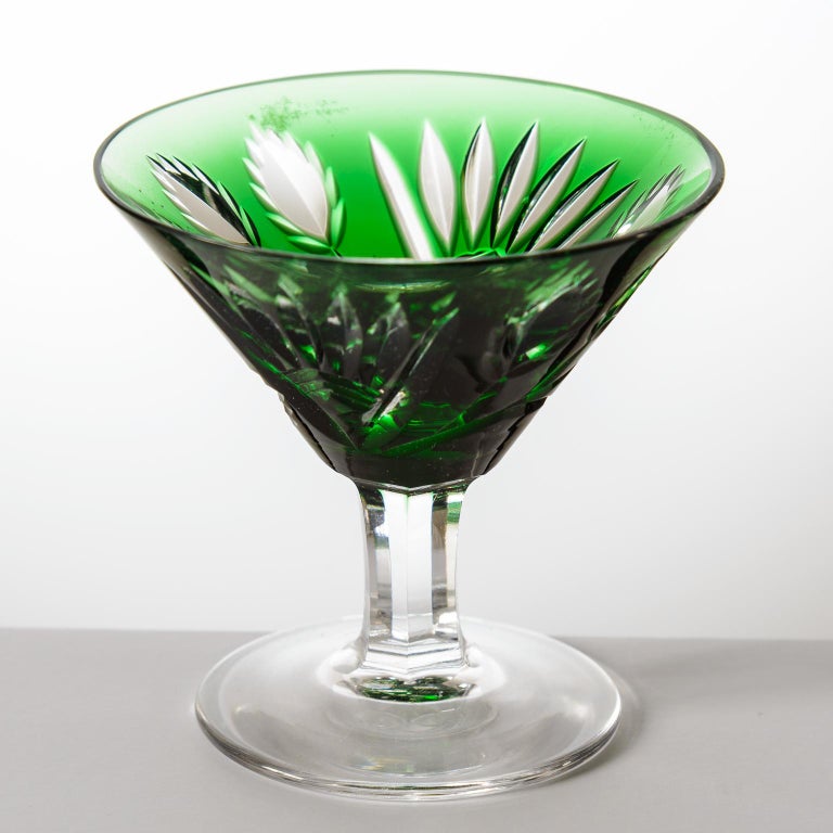 Vintage Cased Green Crystal Bar Set with Tray Decanter and 6 Cocktail ...