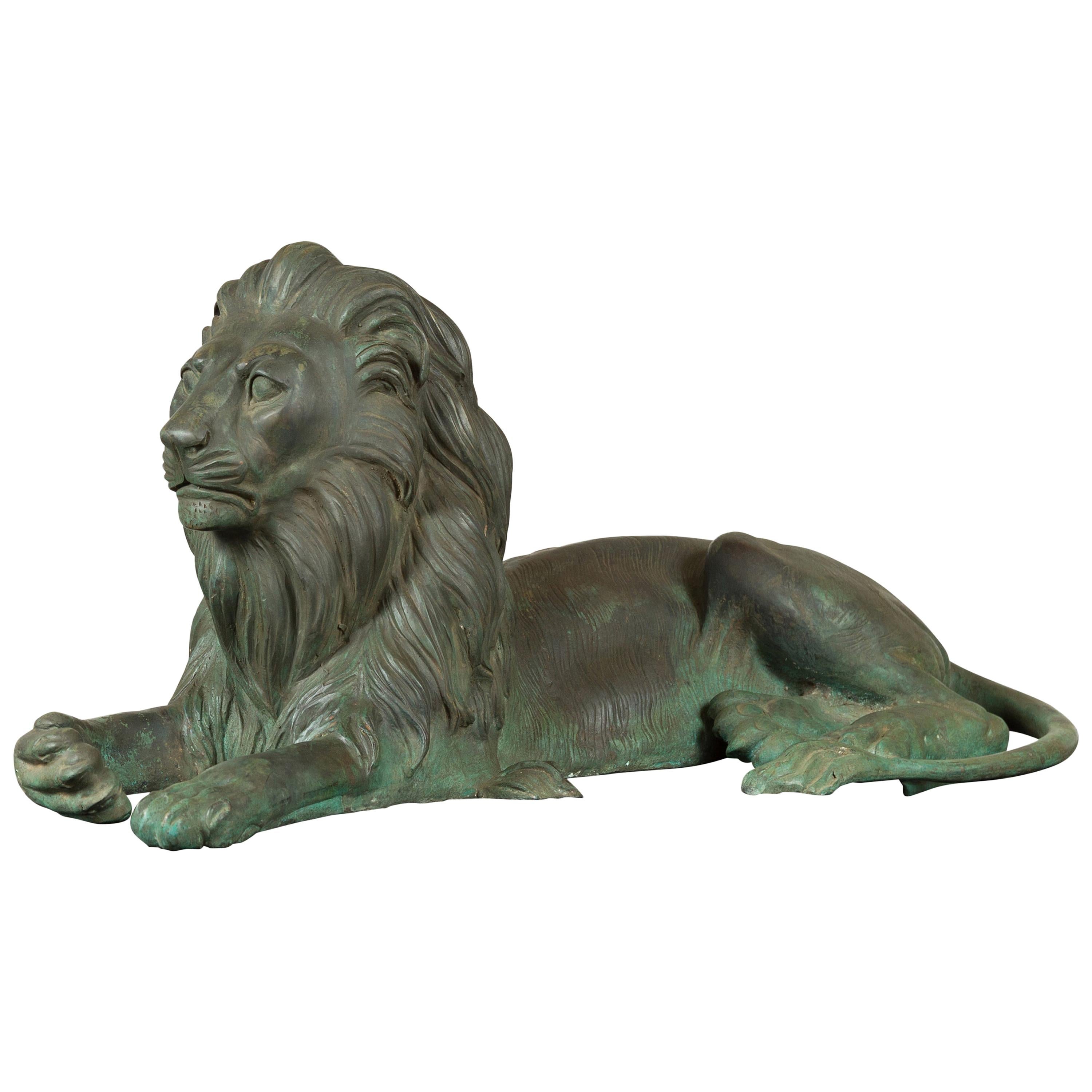 Vintage Cast Bronze Sculpture of a Reclining Lion with Verde Patina at ...