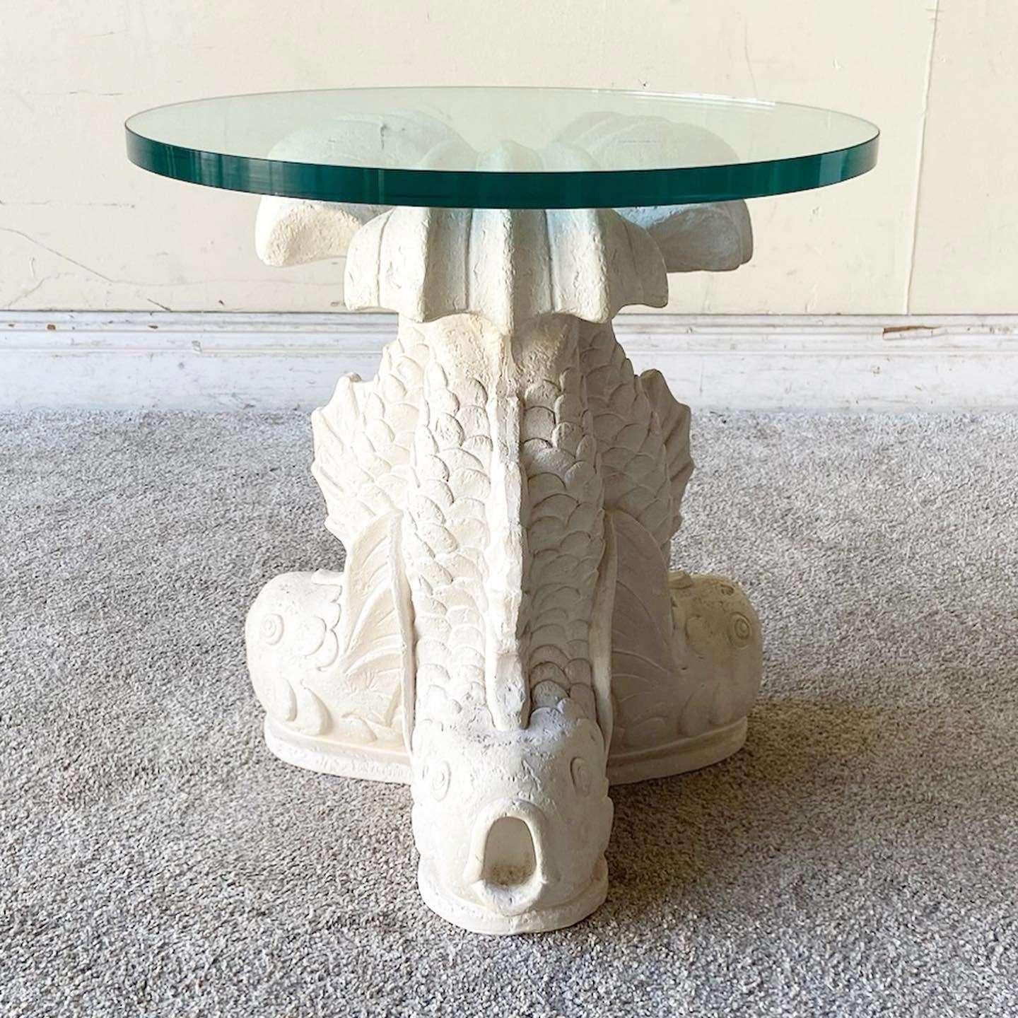 Vintage Cast Cement Fish Glass Top Side Table by Bon Art For Sale at ...