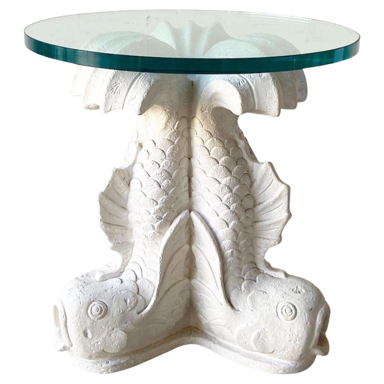 Vintage Cast Cement Fish Glass Top Side Table by Bon Art For Sale at ...