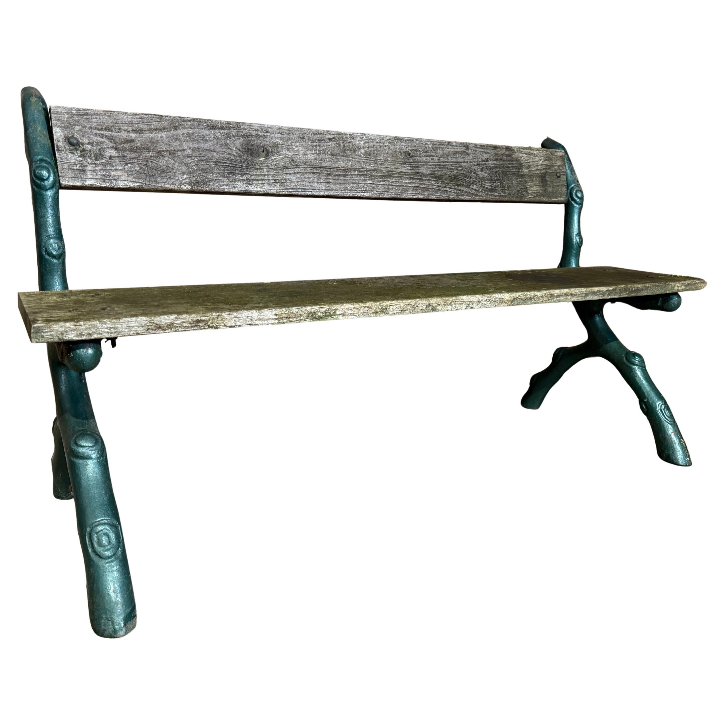 Mid-Century French Branch-Form Cast Iron and Oak Slat Garden Bench at ...