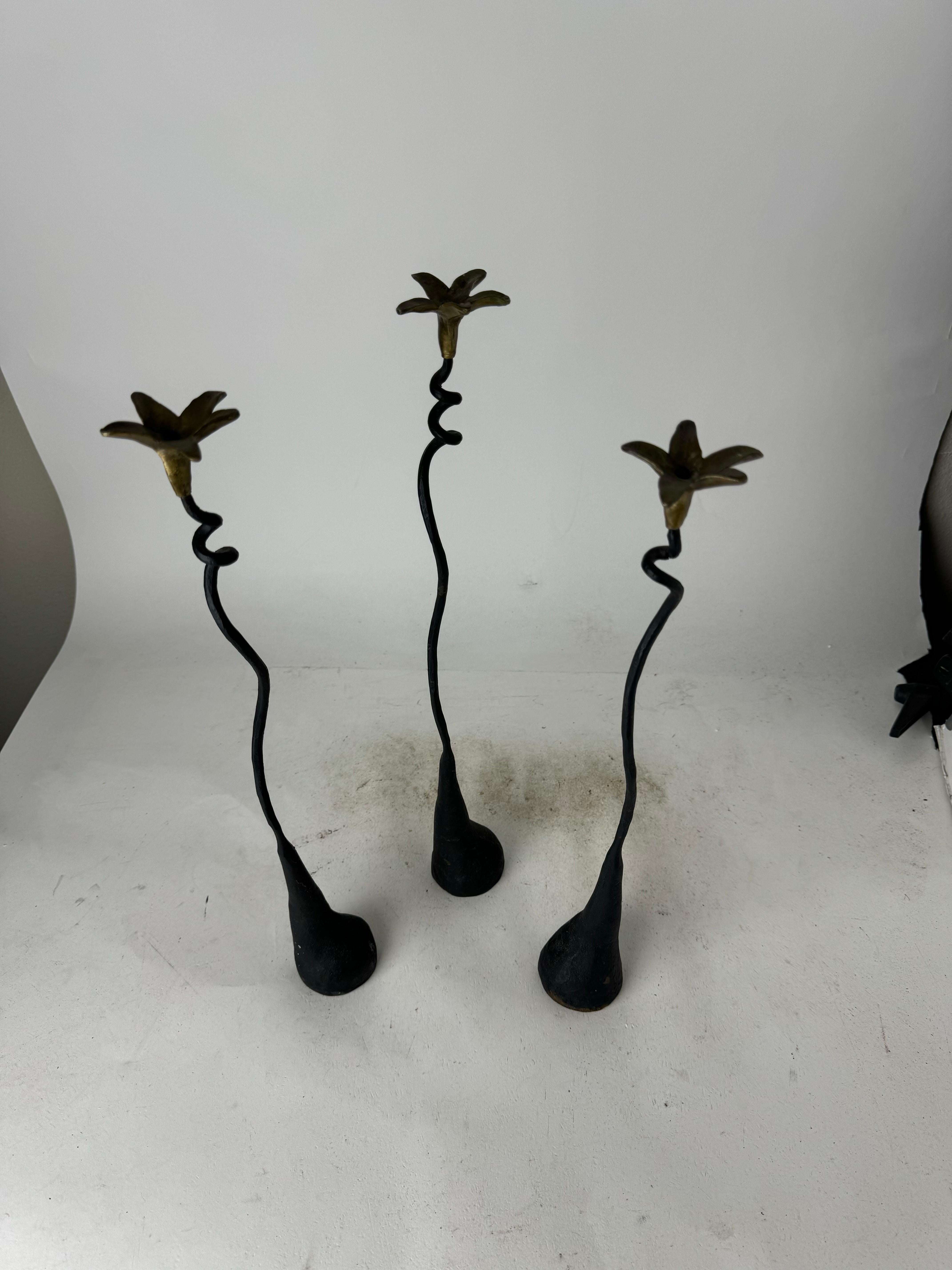 Vintage Cast Iron Candlesticks With Brass Flower Candle Holders - A ...