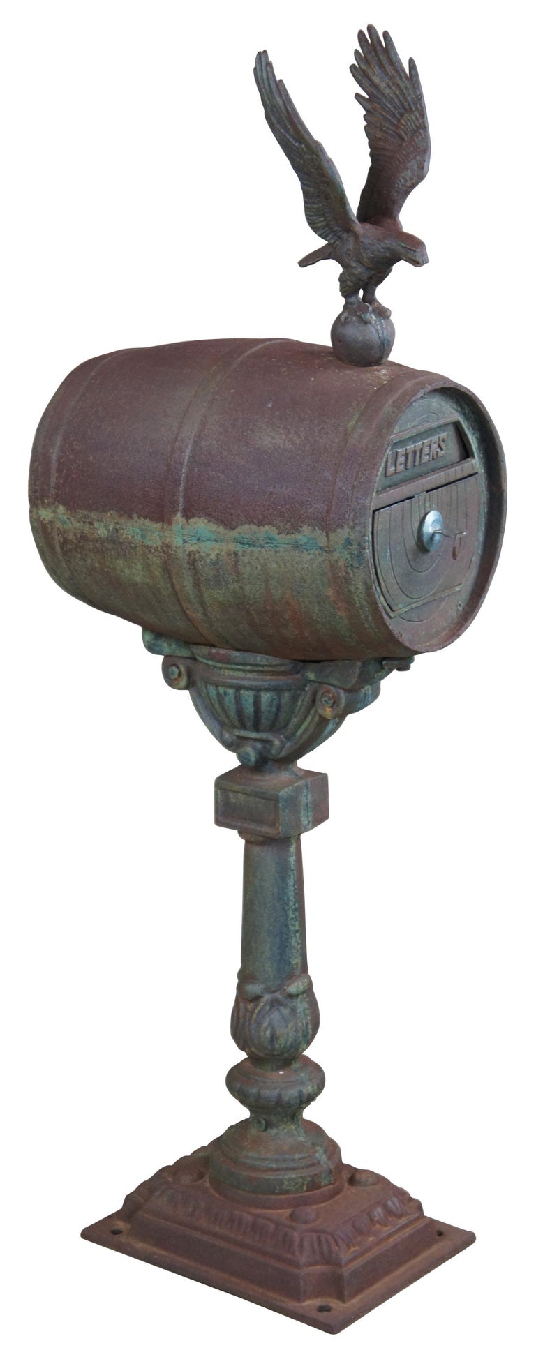 Vintage Cast Iron Free Standing Barrel Shaped Mailbox with Eagle Finial ...