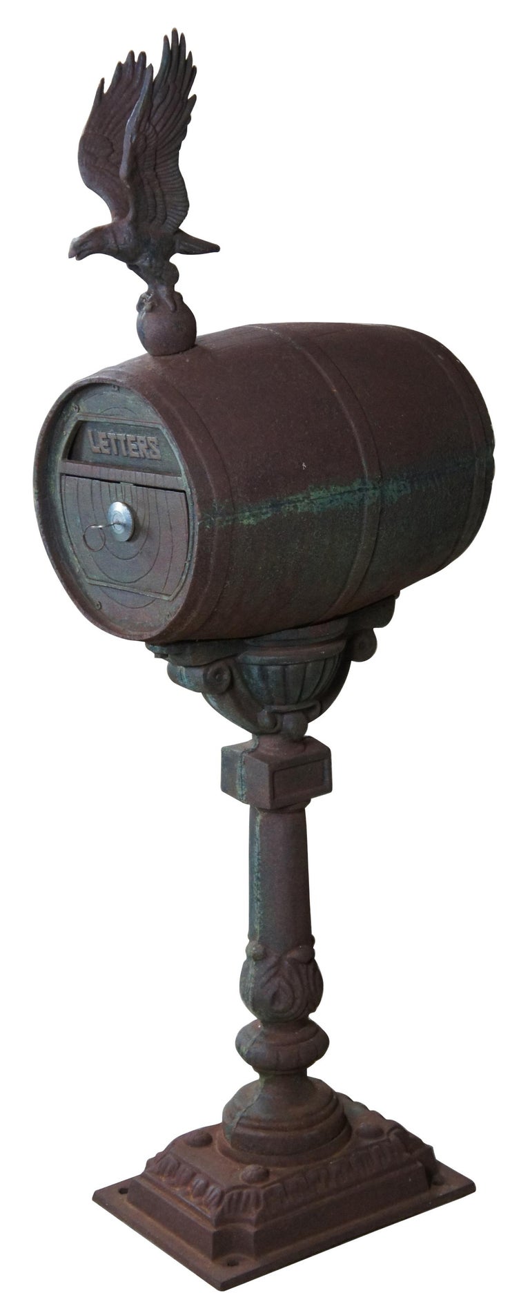 Vintage Cast Iron Free Standing Barrel Shaped Mailbox with Eagle Finial ...