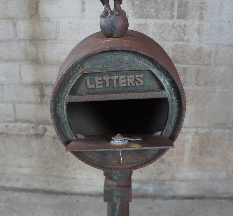Vintage Cast Iron Free Standing Barrel Shaped Mailbox with Eagle Finial ...