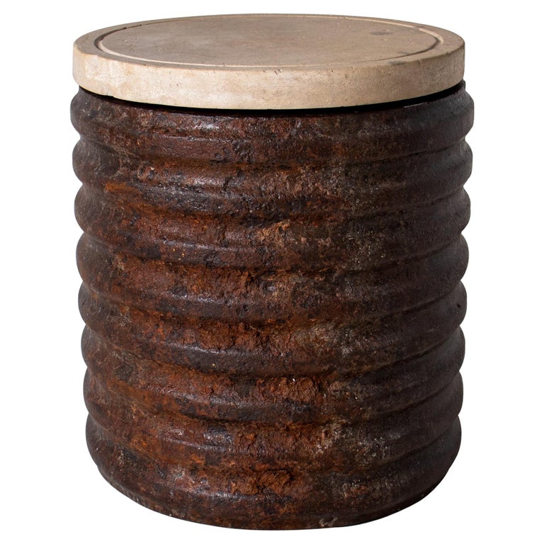 Vintage Cast Iron Machine Component End Table with Limestone Top at 1stDibs