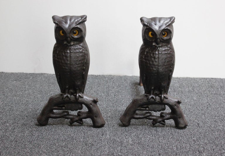 Vintage Cast Iron Owl Andirons with Glass Eyes For Sale at 1stDibs